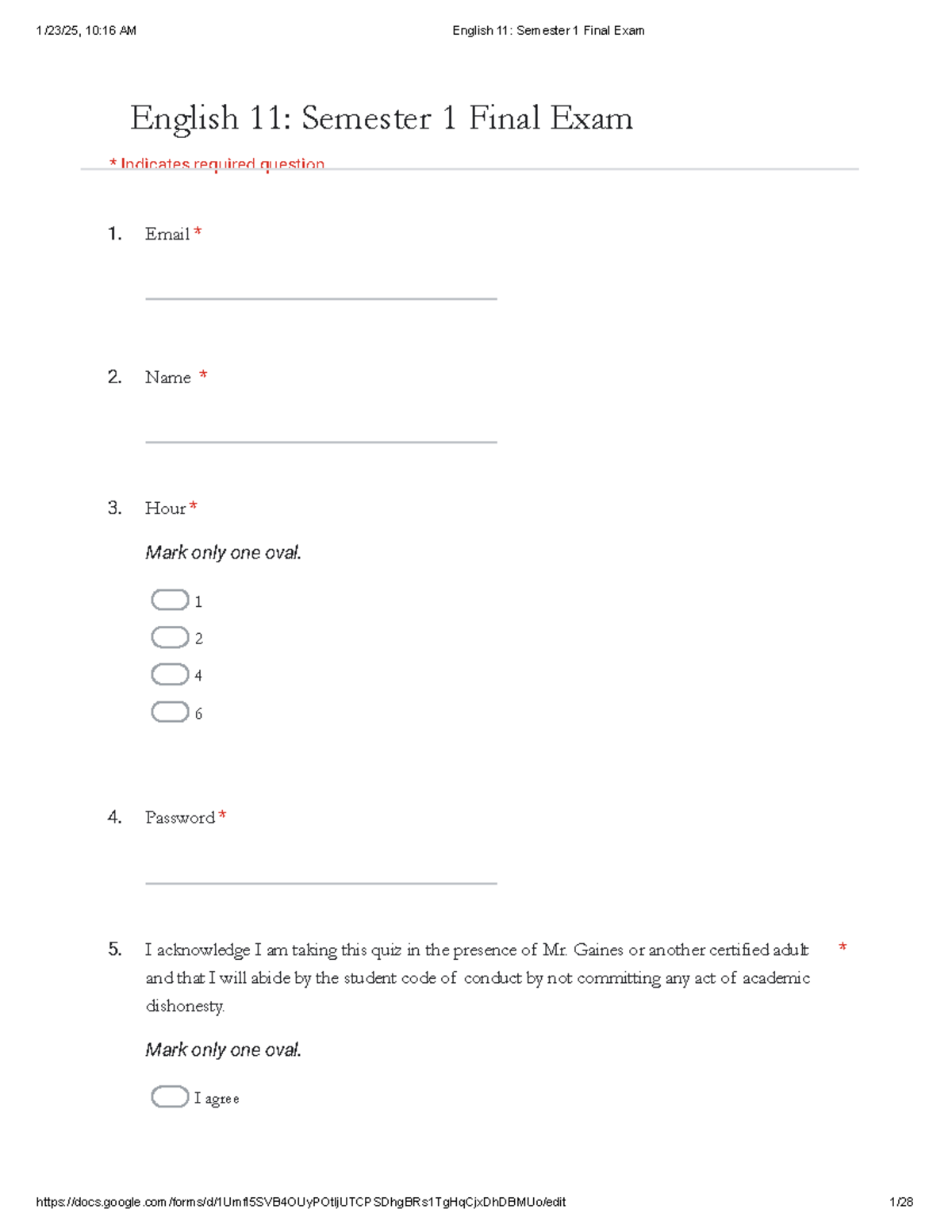 English 11: Semester 1 Final Exam Review and Analysis - 1. Email * 2. 3 ...
