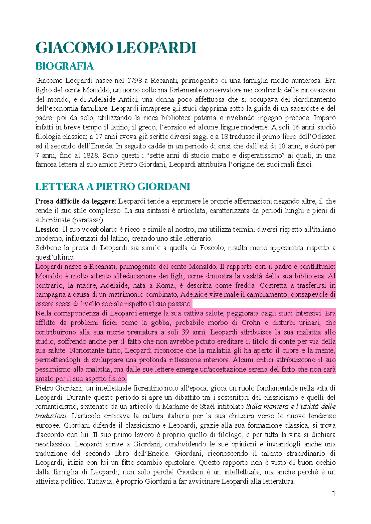 GIACOMO LEOPARDI: BIOGRAFIA E OPERE (CORSO DI LETTERATURA) - Studocu