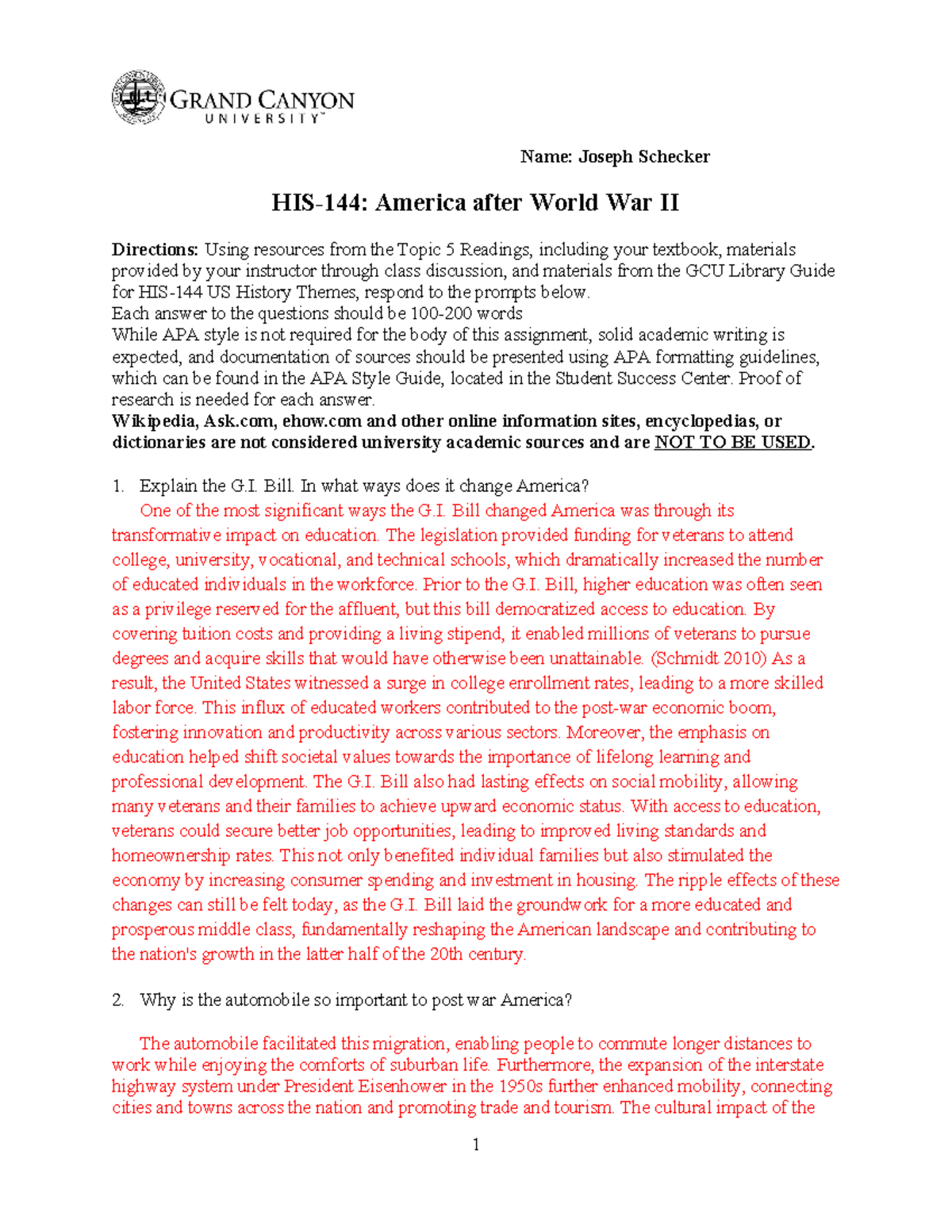 HIS-144-RS-America after WWII Worksheet - Name: Joseph Schecker HIS-144 ...
