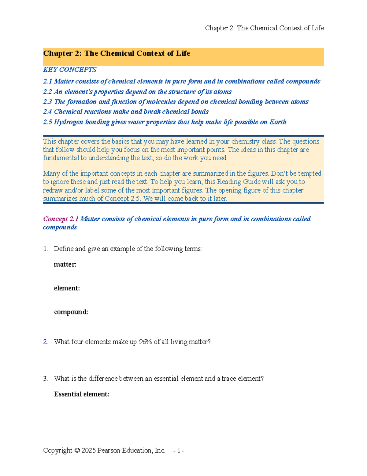 Chapter 2: The Chemical Context of Life - Study Guide & Key Questions ...