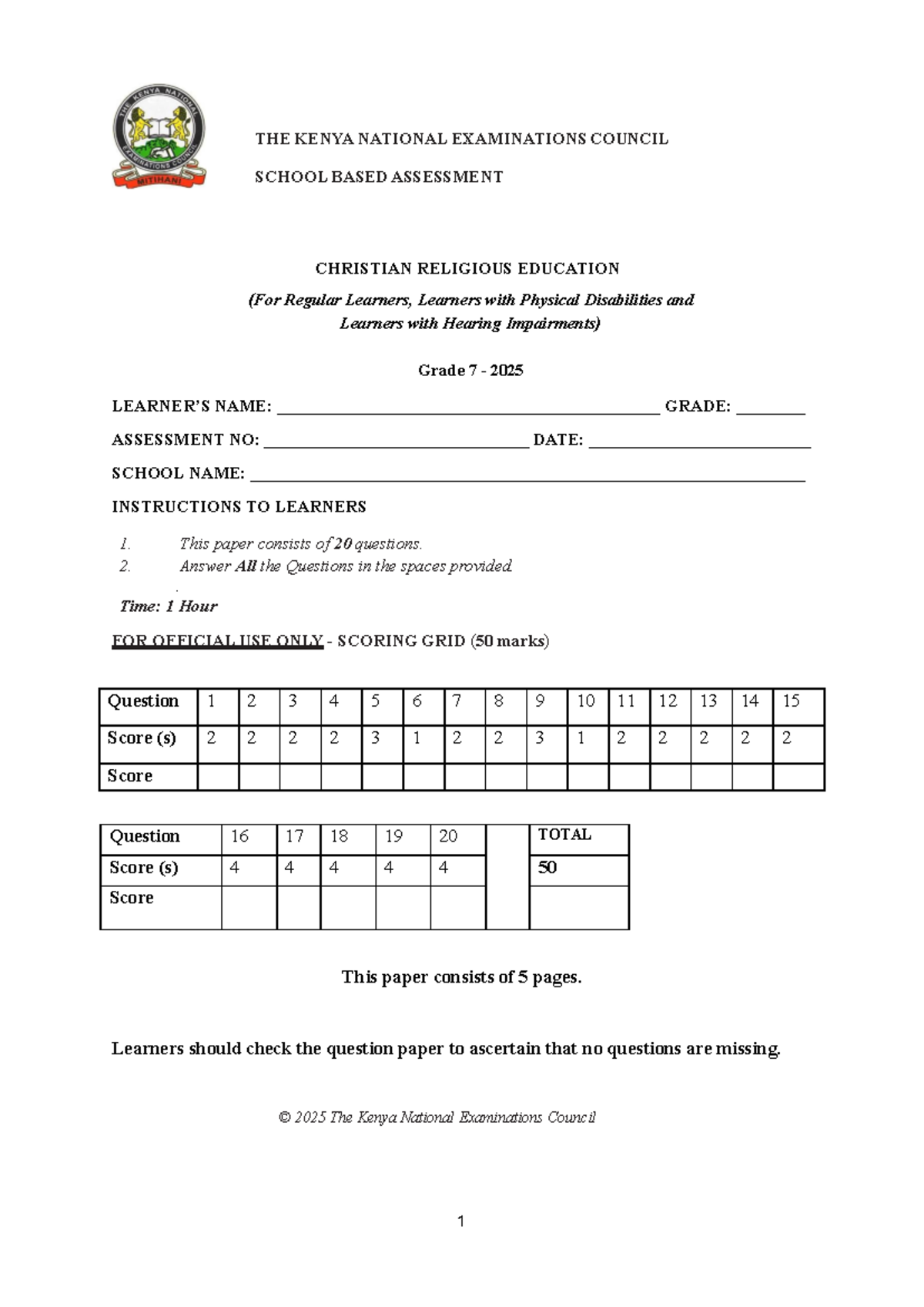 Grade 7 CRE School-Based Assessment 2025 for Regular Learners - Studocu