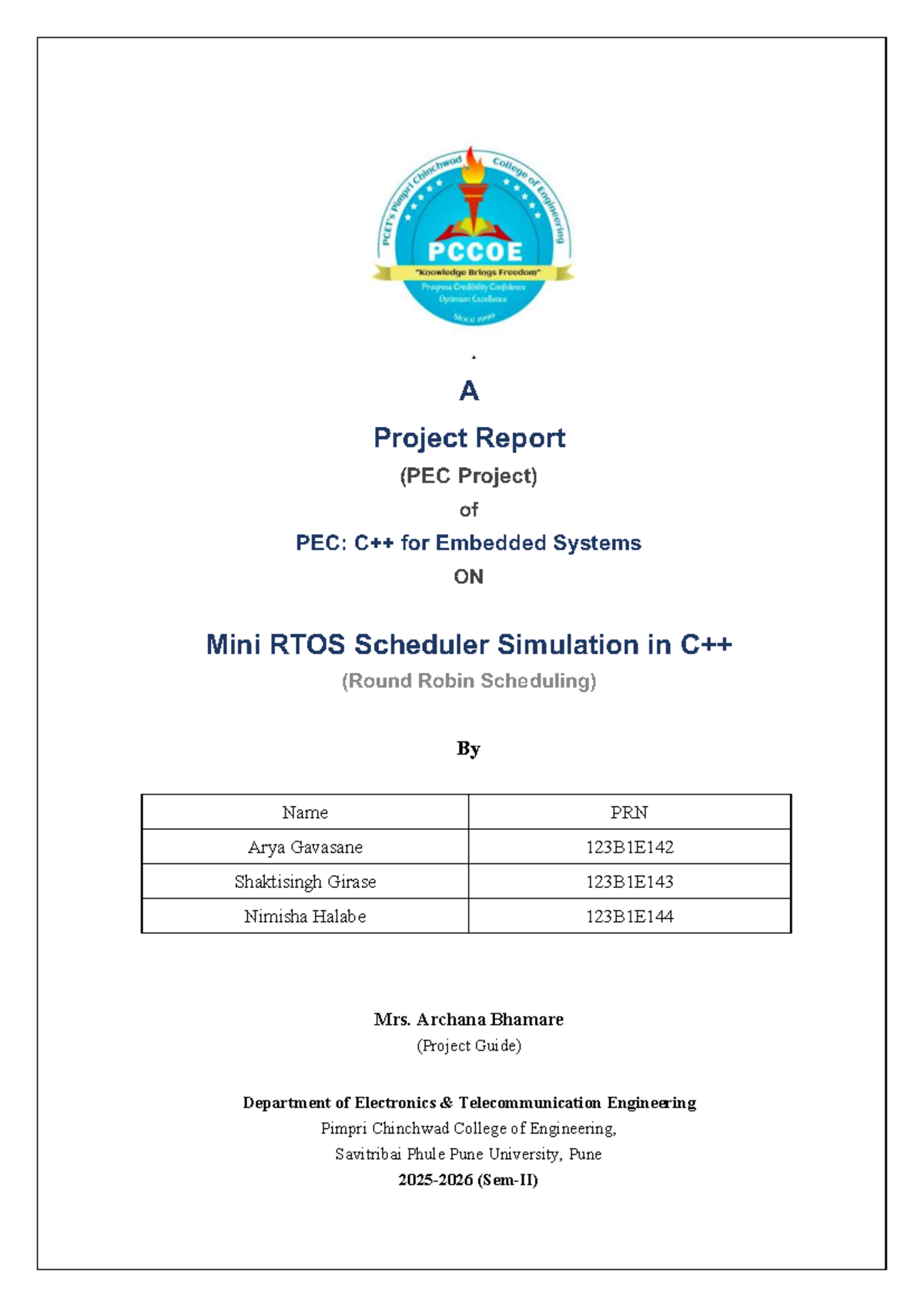 C++ Project Report: Mini RTOS Scheduler Simulation (PEC Project) - Studocu