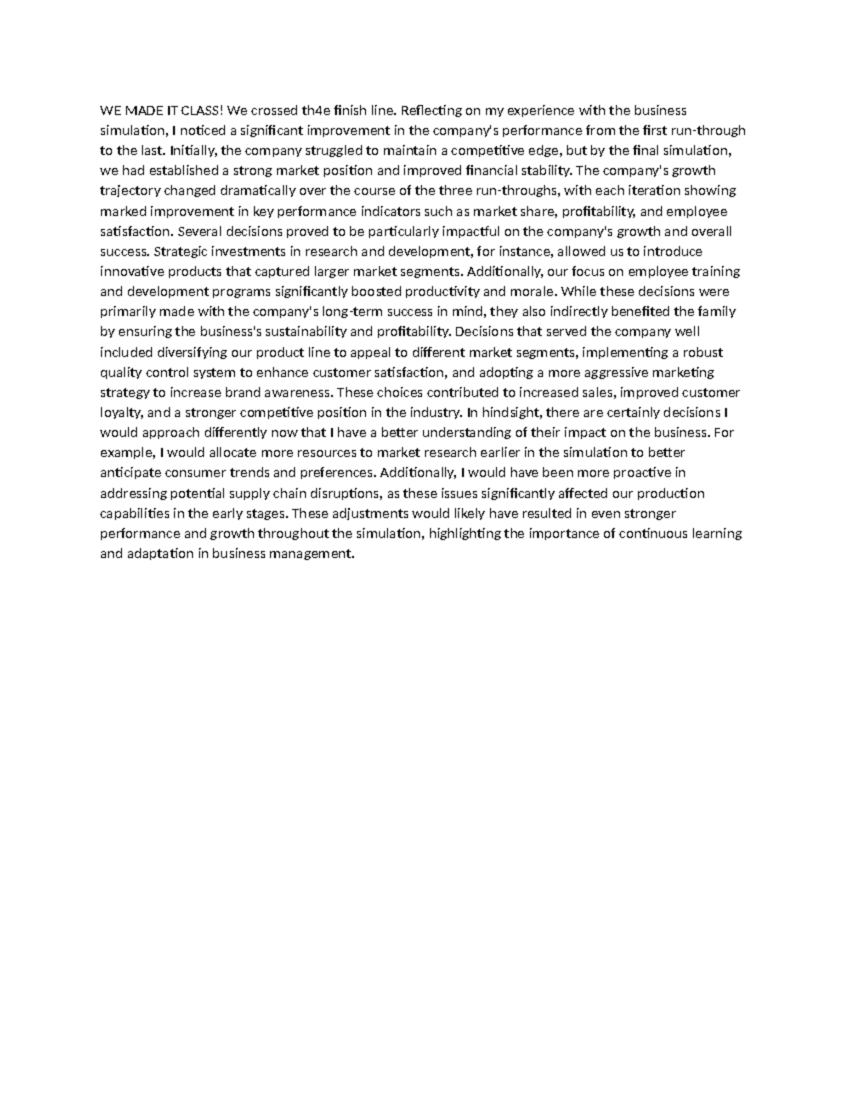 BUS-400 Module 8 Reflections on Business Simulation Success - Studocu