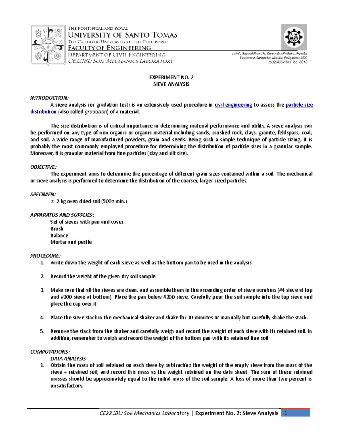 02 Geotechnical Lab: Sieve Analysis Procedure and Results - Studocu