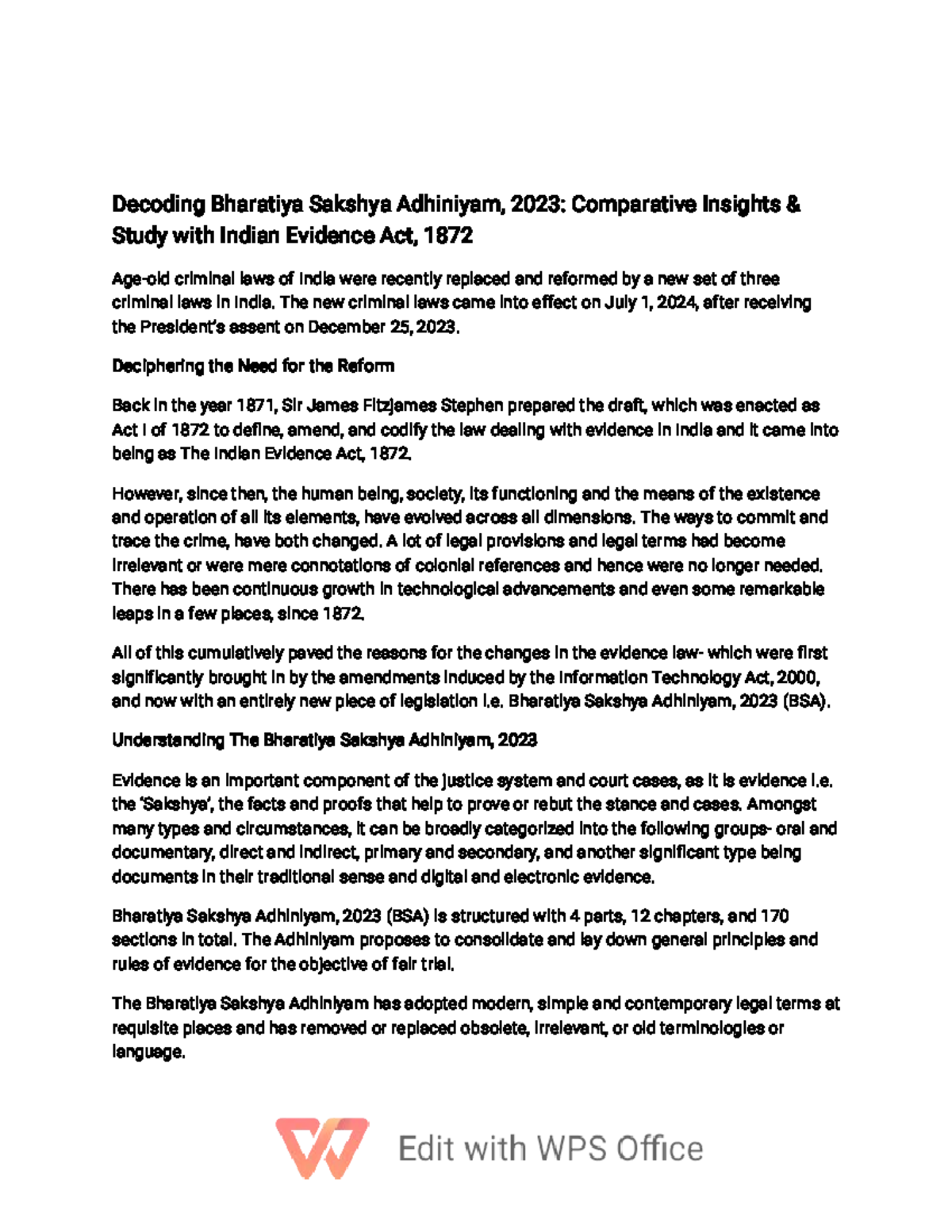 BSA 2023: Comparative Analysis of Bharatiya Sakshya Adhiniyam & Indian ...