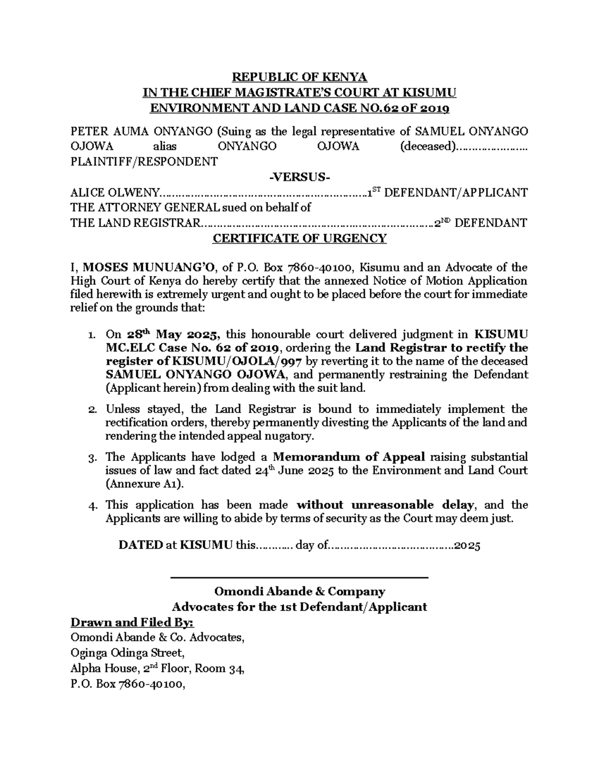 Application for Stay of Execution in ELC Case No. 62 of 2019 - Studocu