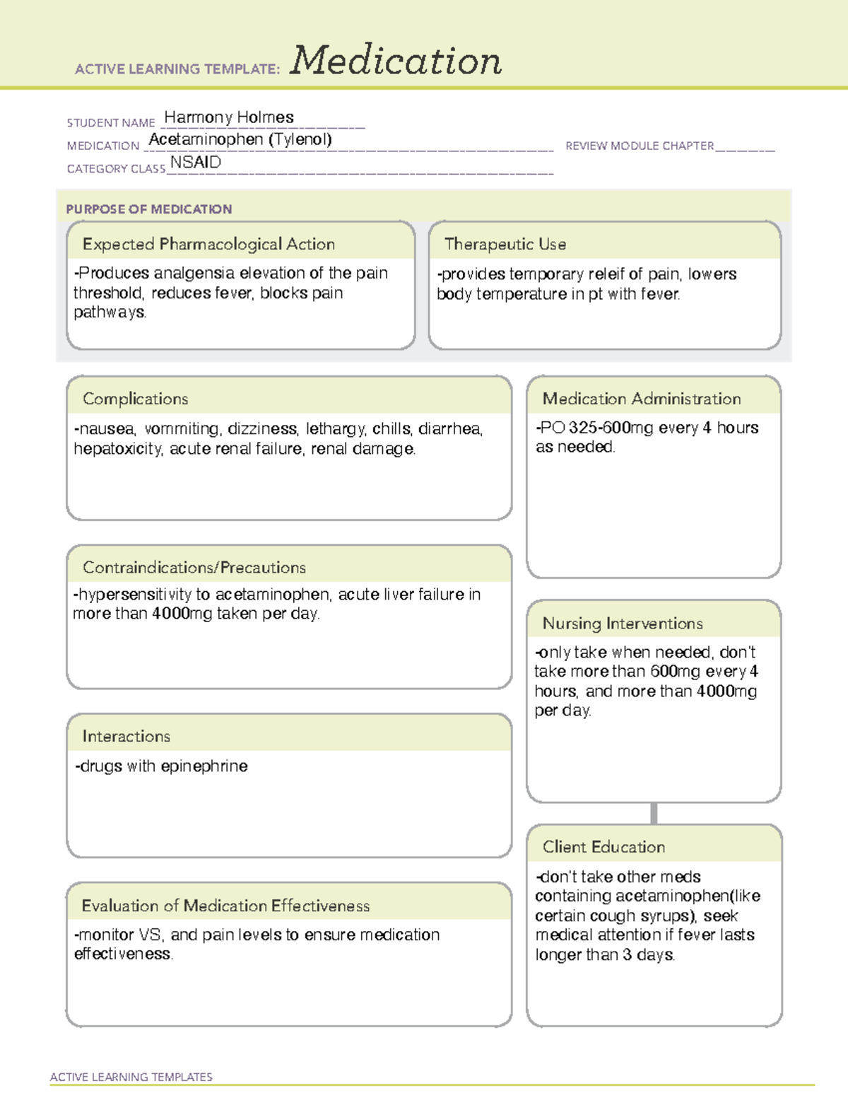 ACTIVE LEARNING TEMPLATE: Acetaminophen (Tylenol) Med Card - Studocu