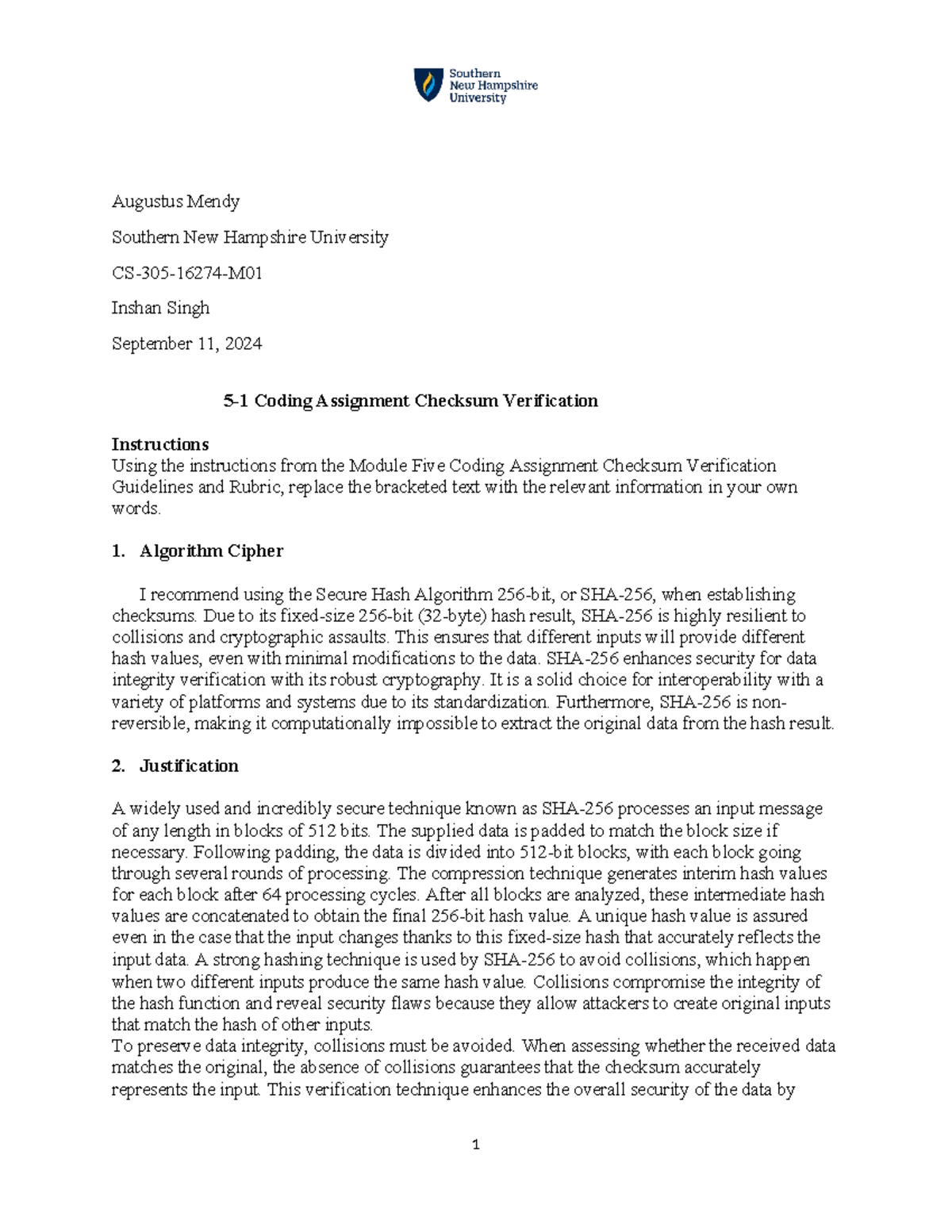 CS-305-16274-M: 5-1 Coding Assignment on Checksum Verification - Studocu