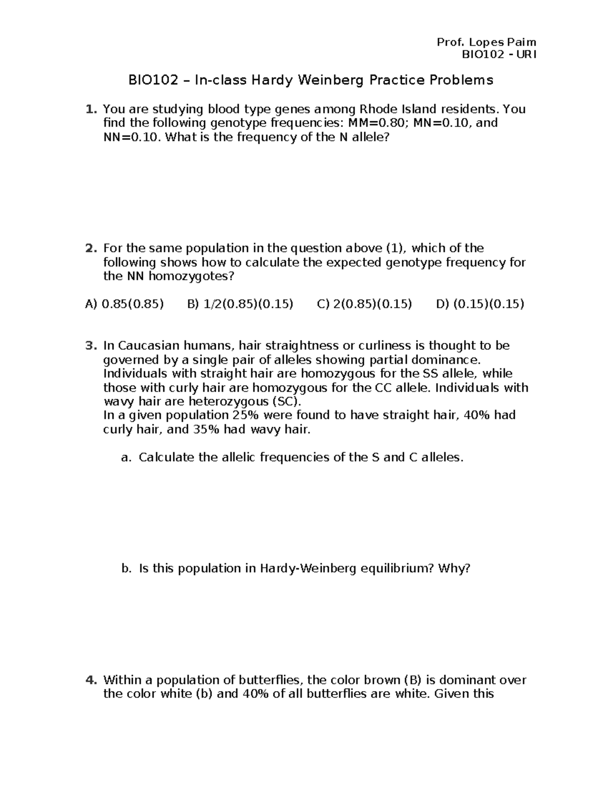 Hardy Weinberg Practice Problems for BIO102 URI - Studocu