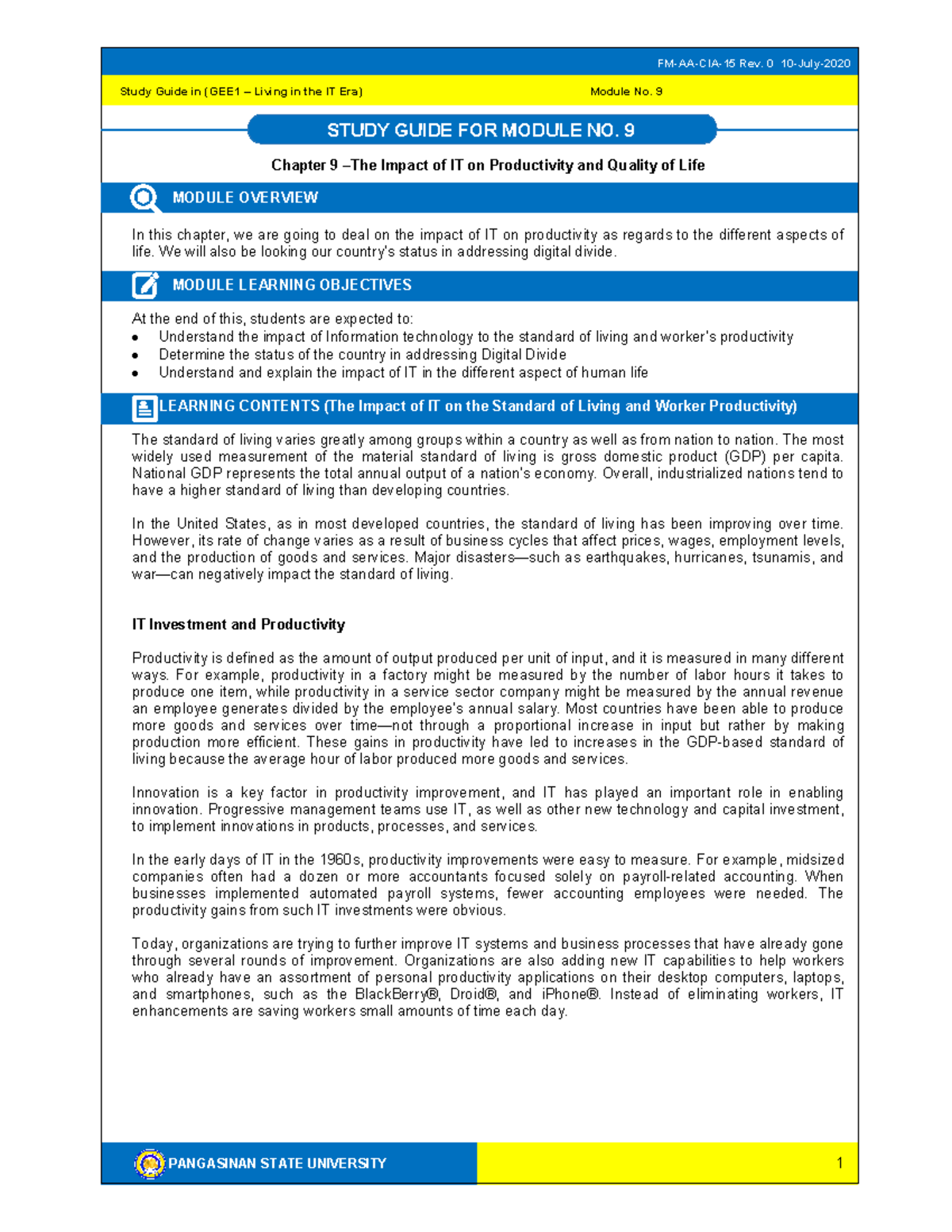 GEE1 SG9 - Study Guide on IT's Impact on Productivity & Quality of Life ...