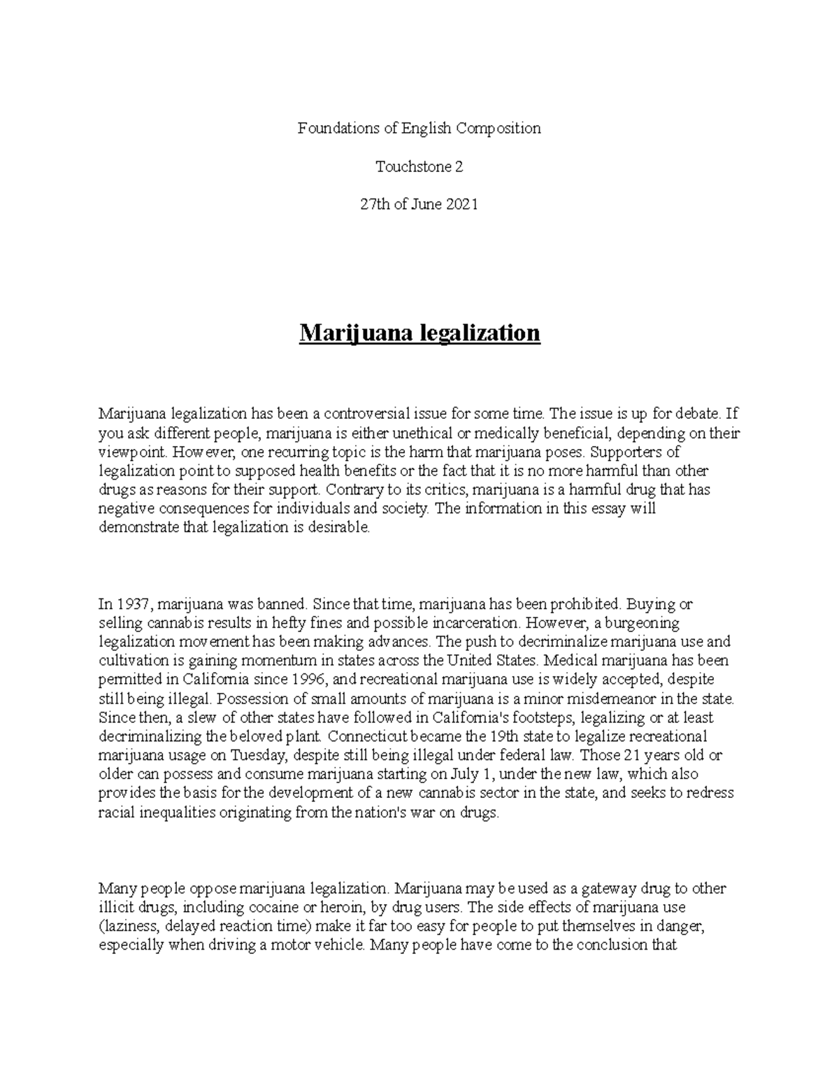 Marijuana legalization argumentative essay - Foundations of English ...