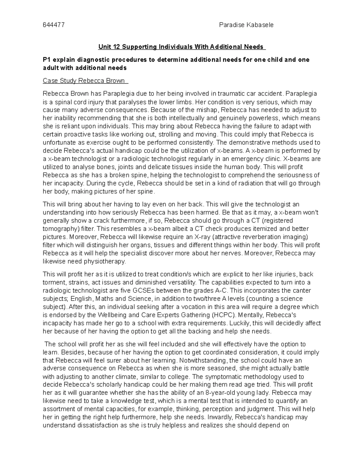 BTEC Level 3 Health and Social Care - Unit 12: Supporting Individuals with Additional Needs ...