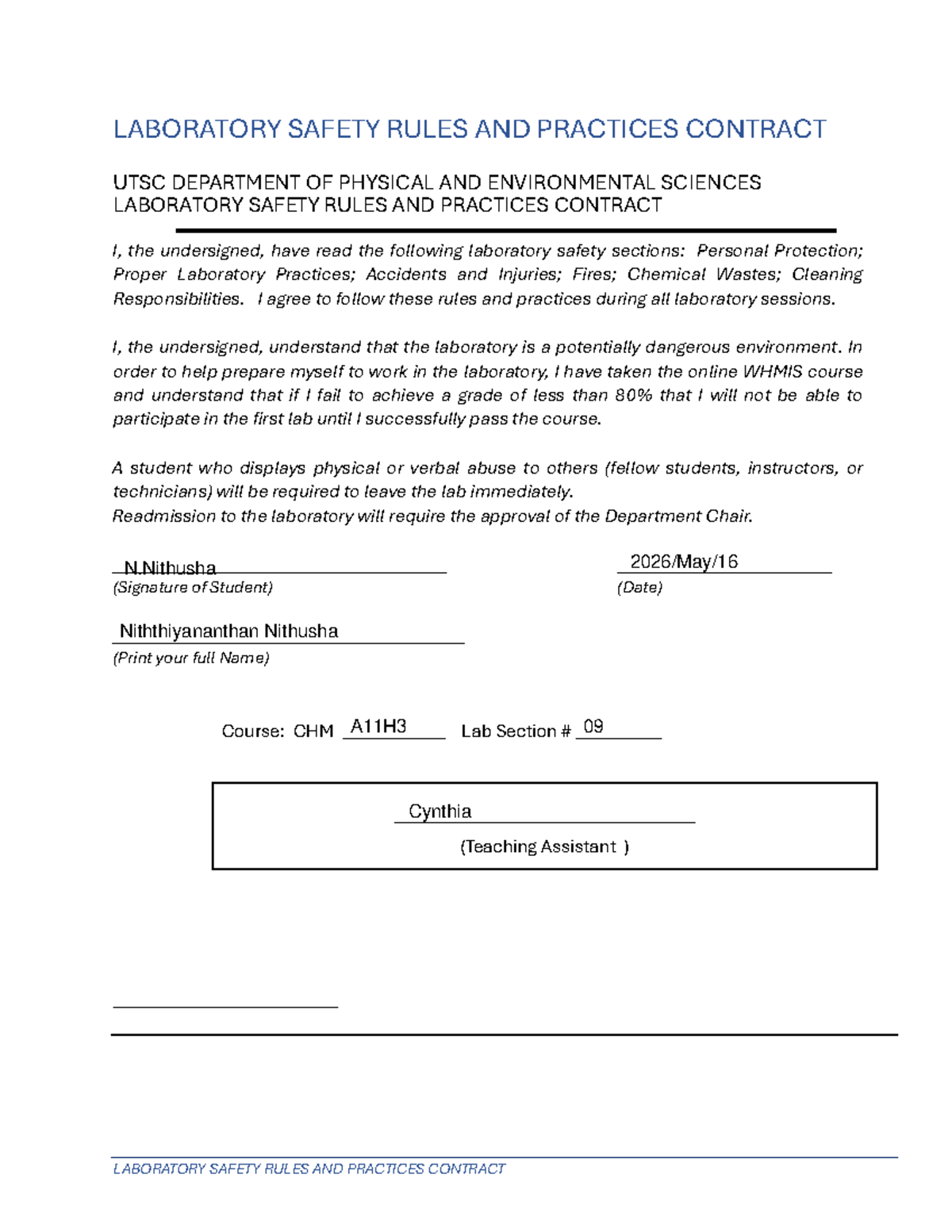 CHM Lab Safety Rules & Practices Contract - UTSC - Studocu