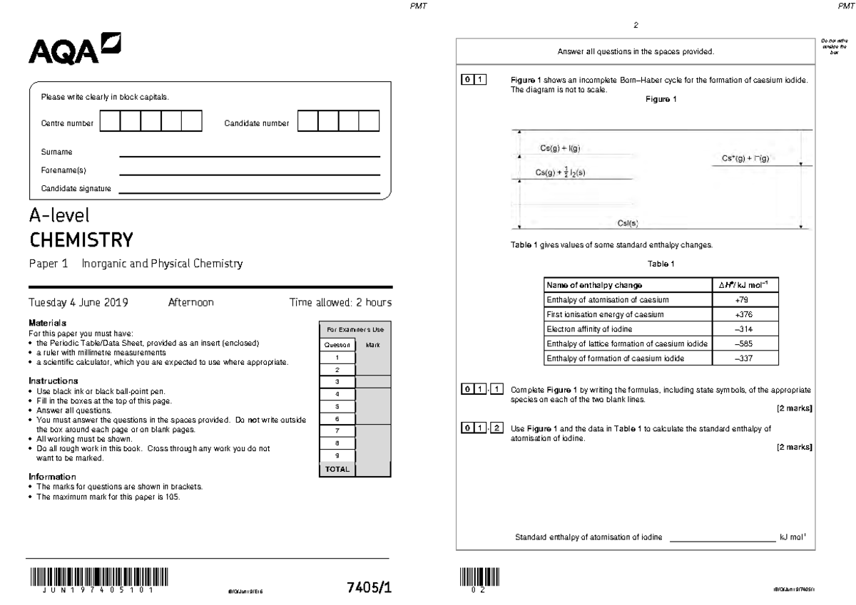 AQA CHEMISTRY A-LEVEL June 2019 Paper 1 Question Paper - Studocu