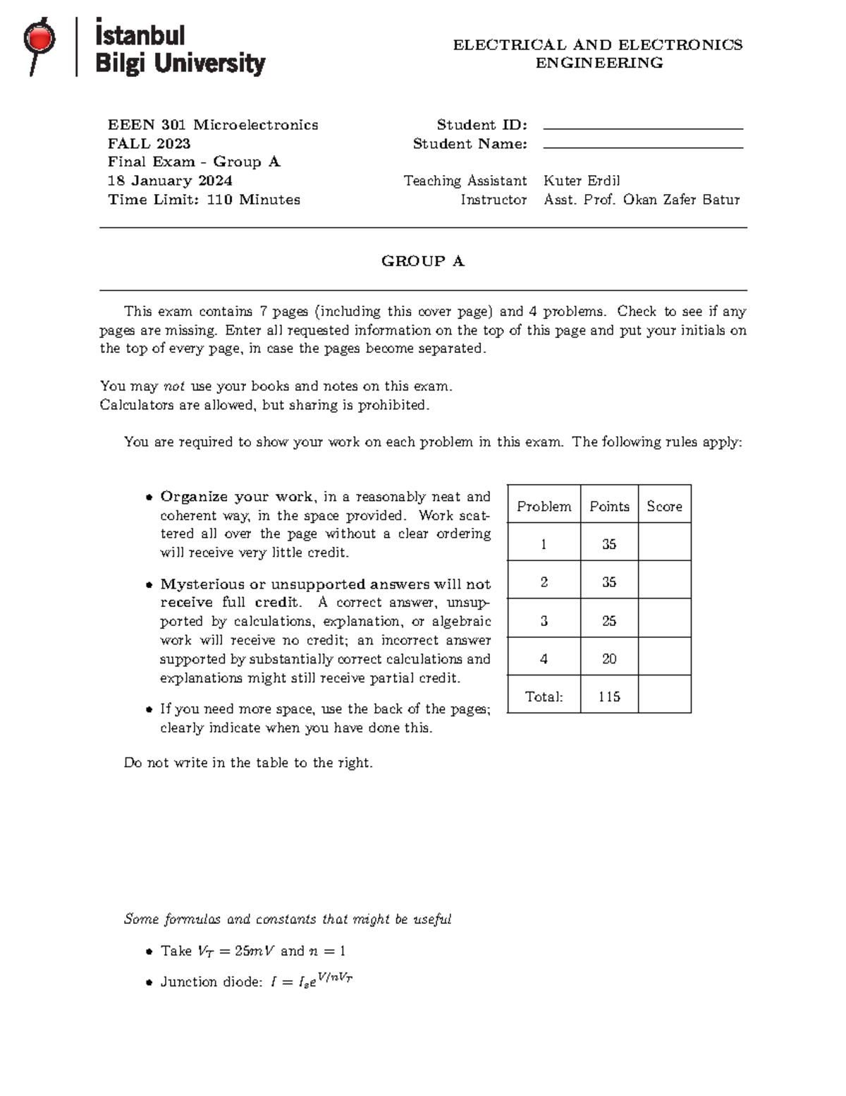 EEEN 301 Microelectronics Final Exam Group A - Fall 2023 - Studocu