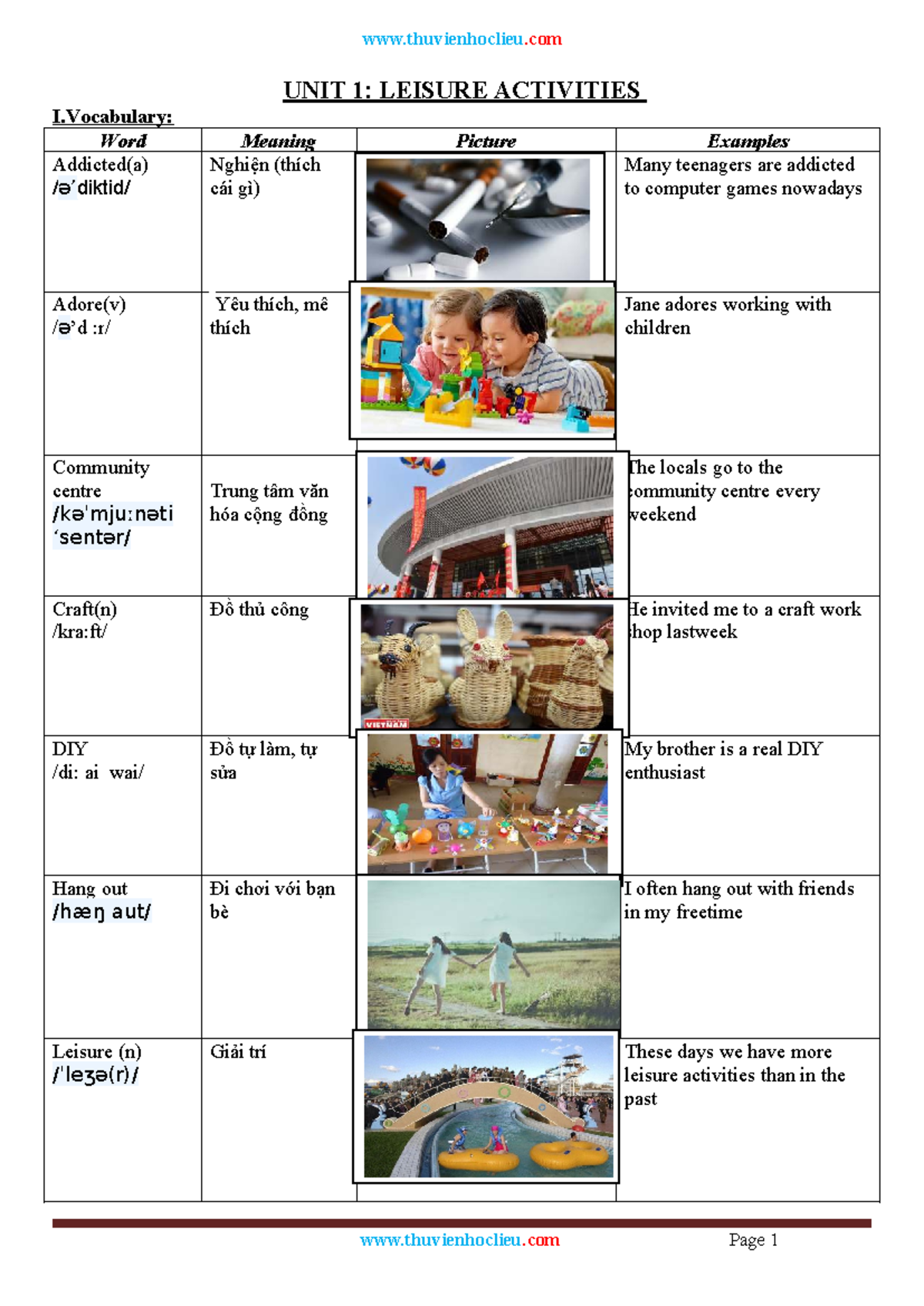 UNIT 1: LEISURE ACTIVITIES - VOCABULARY & EXERCISES - Studocu