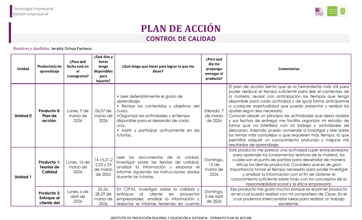Tecnología Empresarial - Plan de Acción y Control de Calidad - Studocu