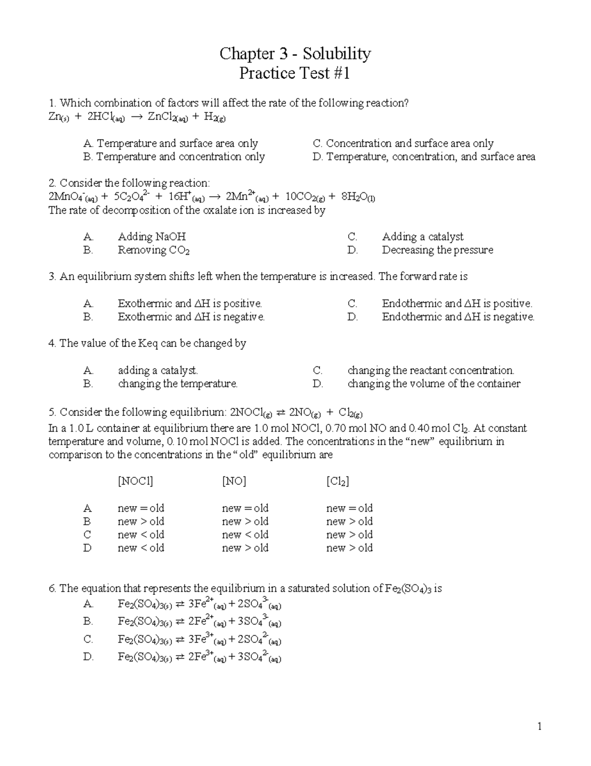 Solubility Practice Test 1: Factors Affecting Reaction Rates and ...