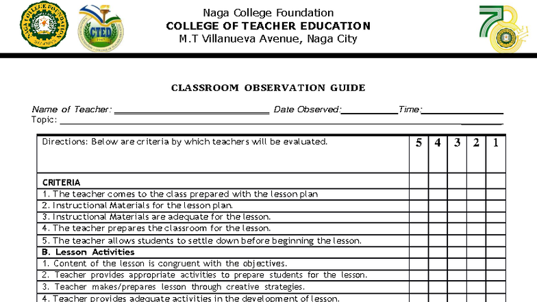 Classroom Observation Guide for DEMO Teaching - Naga College - Studocu