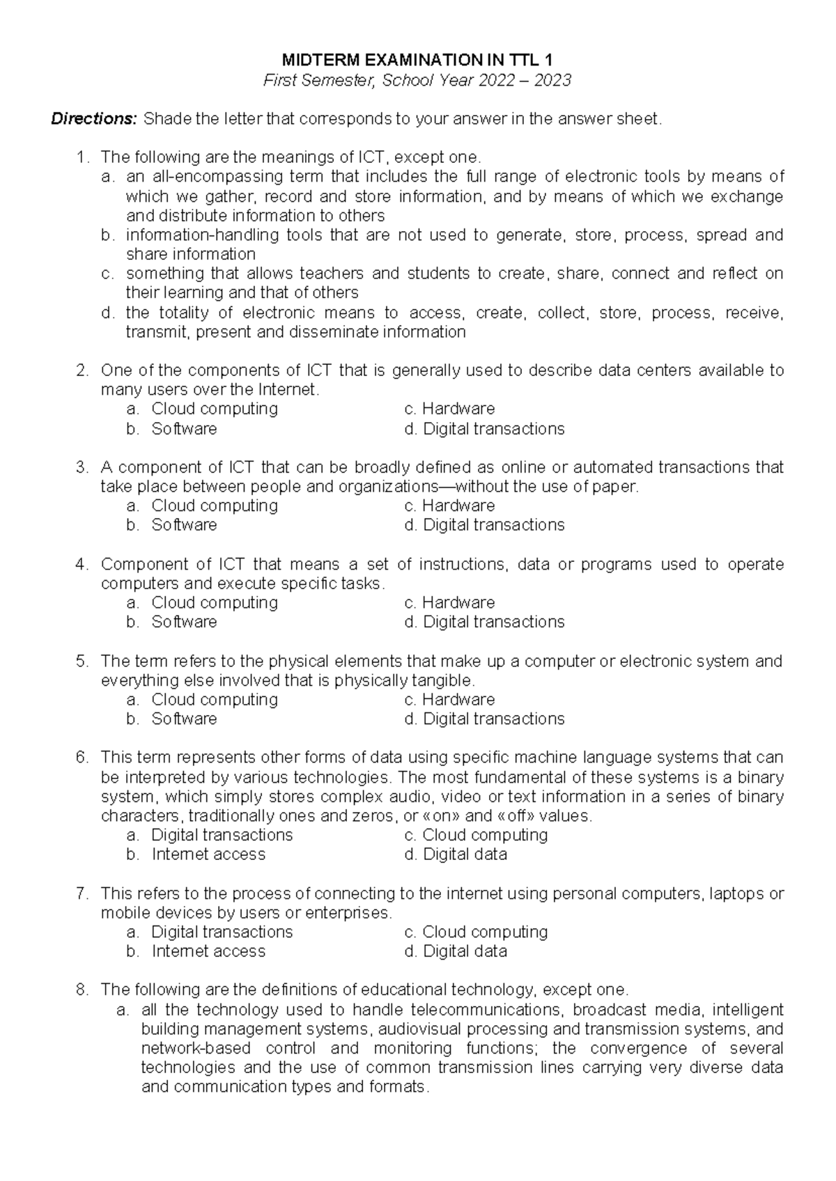 Midterm Exam Review for TTL 1: ICT and Educational Technology Concepts - Studocu