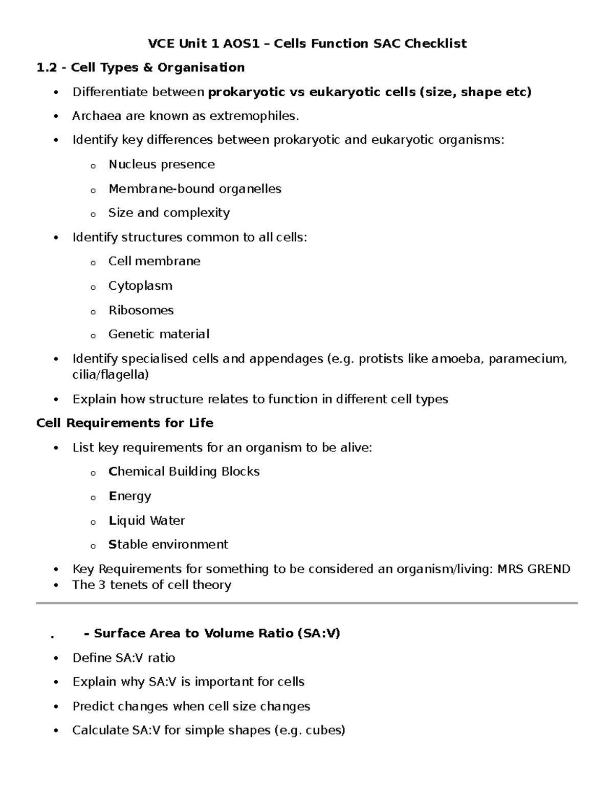 VCE Unit 1 AOS1 - Cells Function SAC Checklist and Key Concepts - Studocu