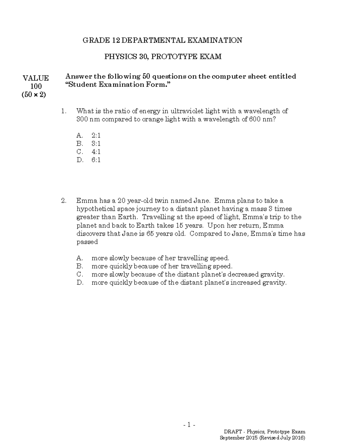 Grade 12 Physics 30 Prototype Exam - Multiple Choice Questions - Studocu