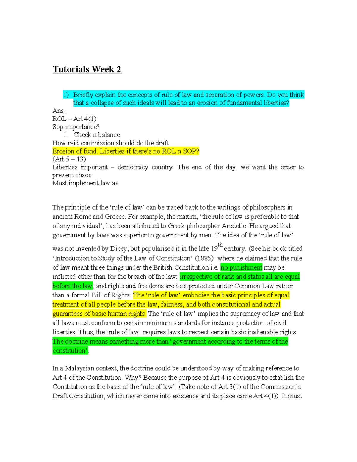 Tutorial Questions on Rule of Law & Separation of Powers (Intro Week 2) - Studocu