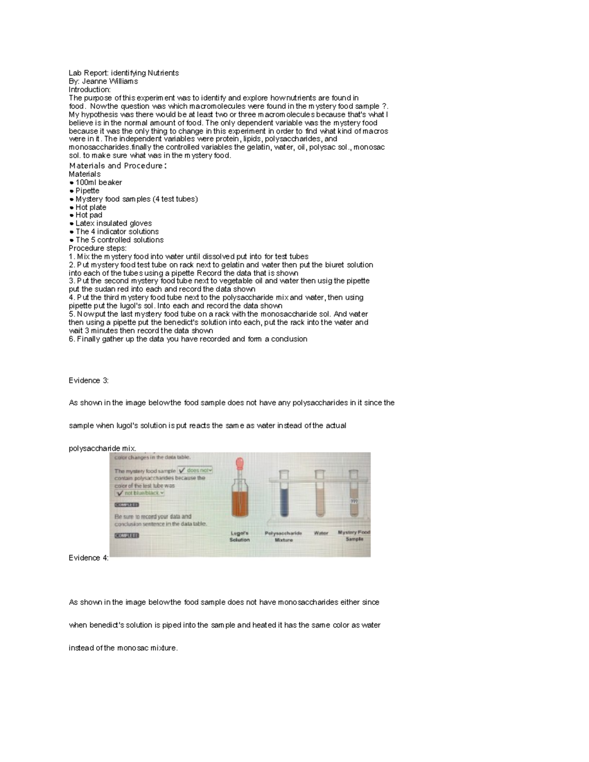 Lab Report: Identifying Nutrients in Mystery Food Sample - Studocu