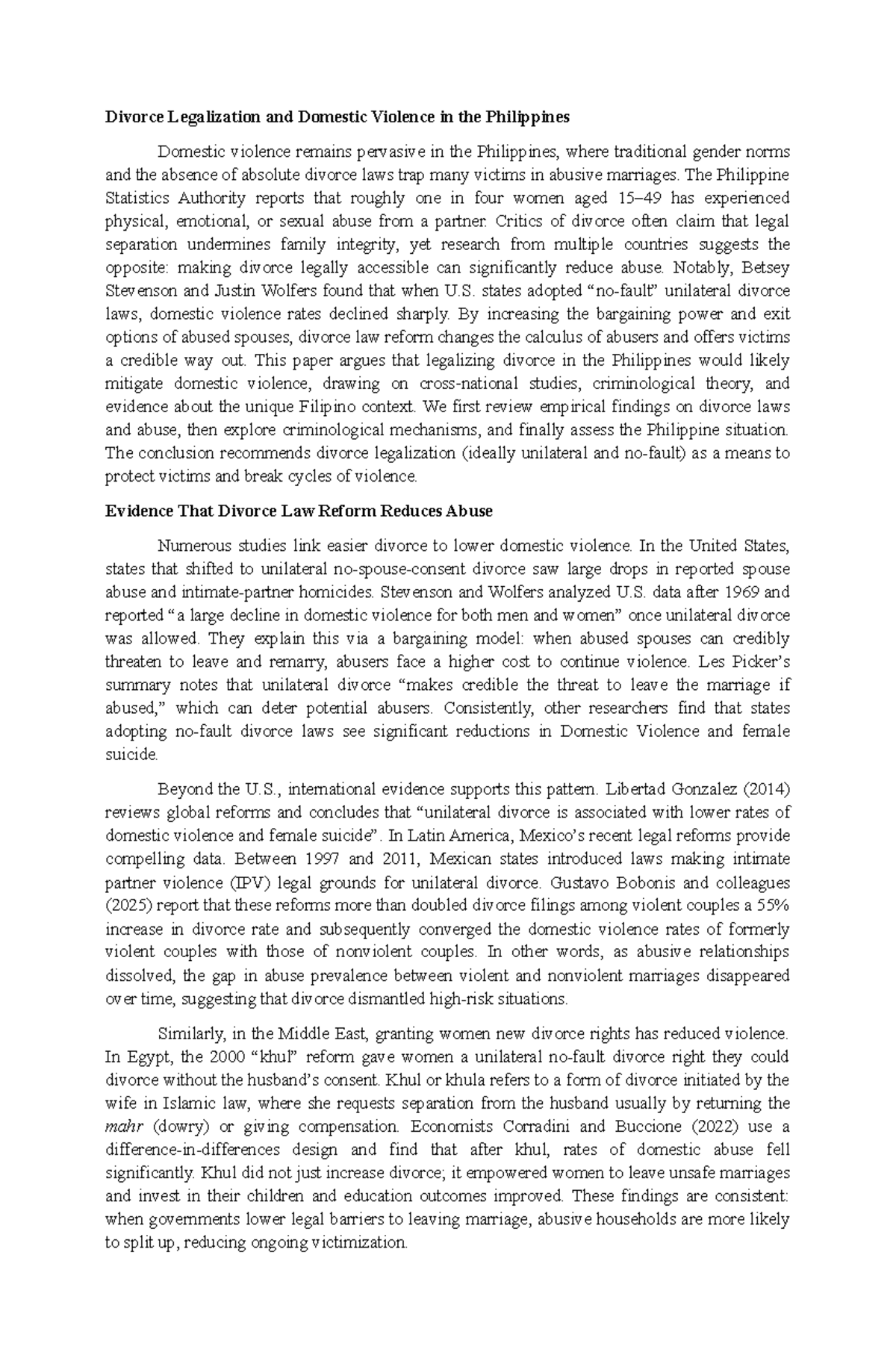 Divorce Legalization and Its Impact on Domestic Violence in the ...