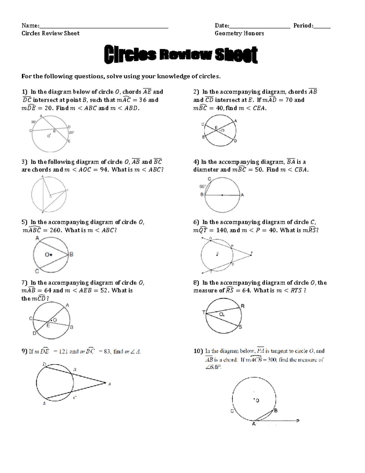 Circles Review Sheet - Geometry Honors (Final Exam) - Studocu