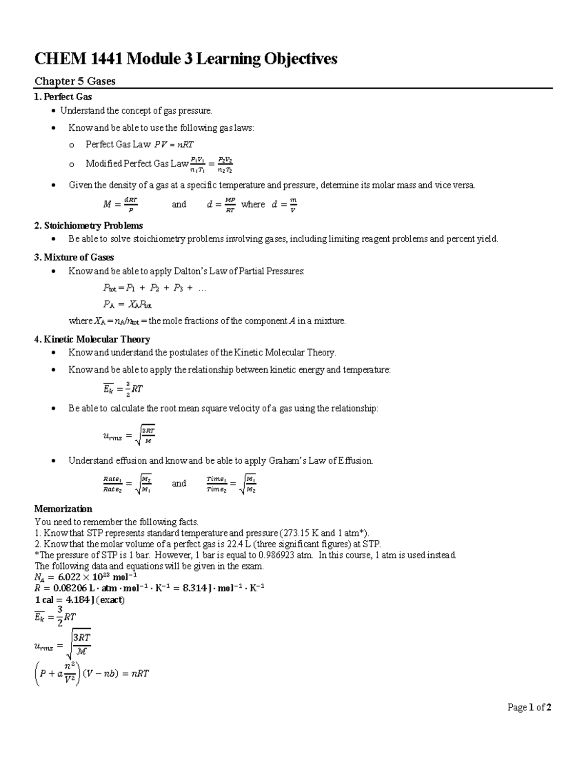 CHEM 1441 Module 3 Learning Objectives - Page 1 of 2 CHEM 1441 Module 3 Learning Objectives ...