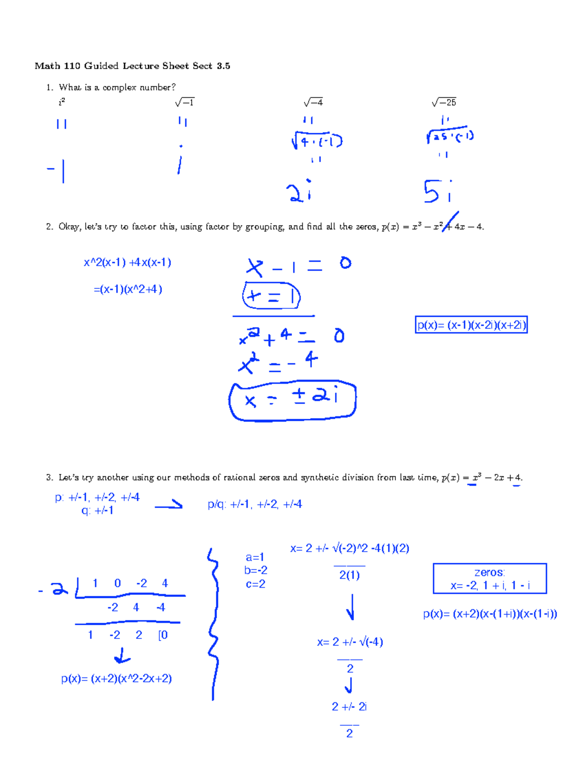 Math 110 Guided Lecture Notes: Complex Numbers & Zeros - Studocu