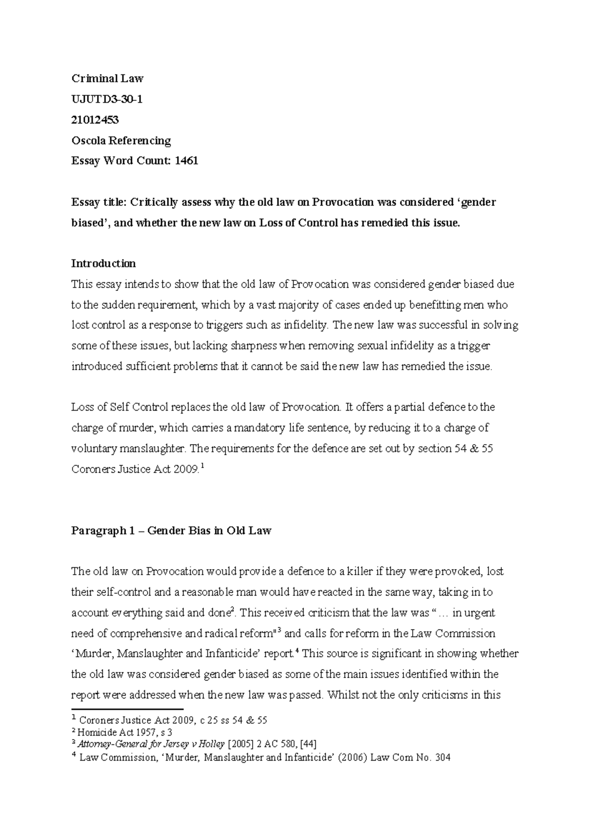 Criminal Law 21012453: Assessing Provocation vs. Loss of Control Essay ...