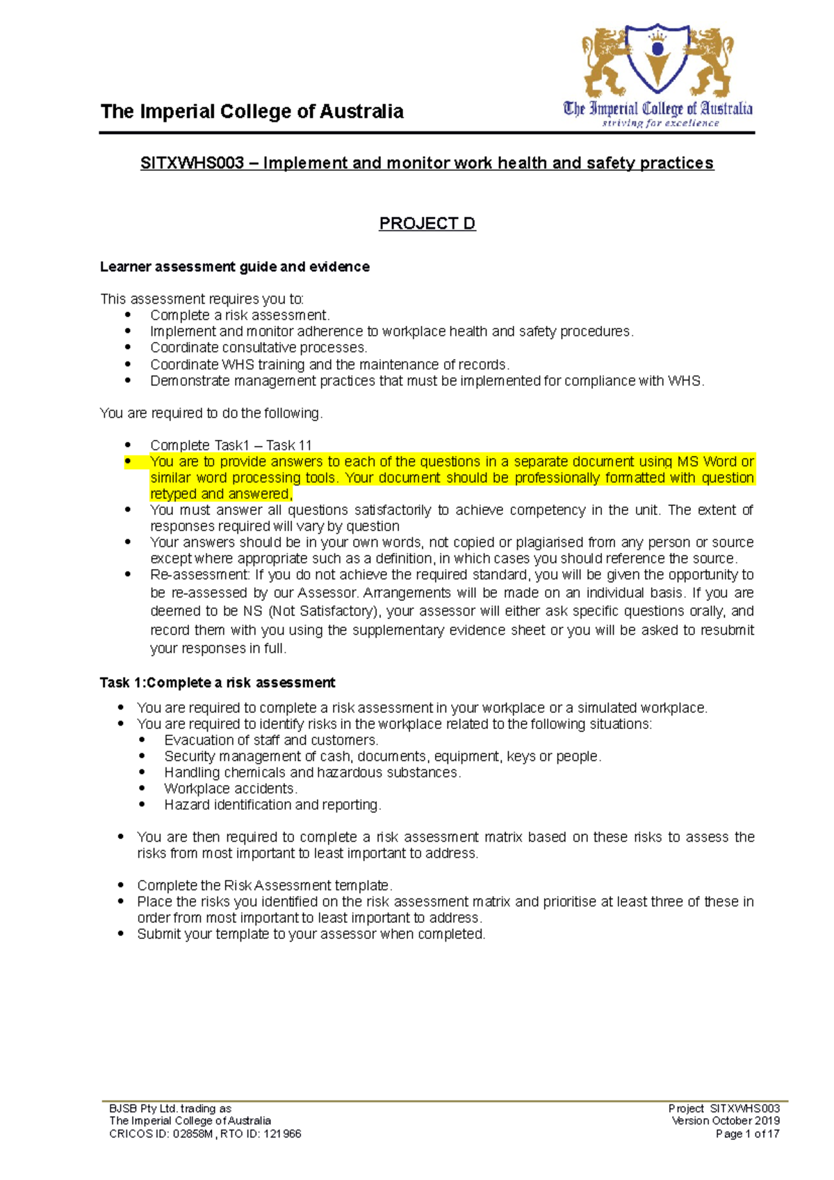 A2 Project D Learner Ver October 2019 - SITXWHS003 – Implement and ...