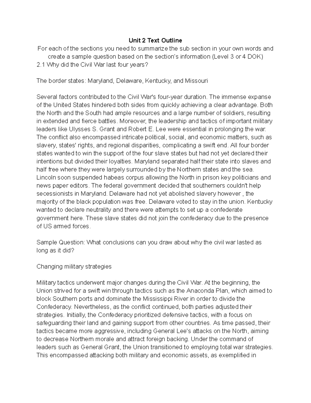 Unit 2 Text Outline: Civil War Insights & Reconstruction Analysis - Studocu