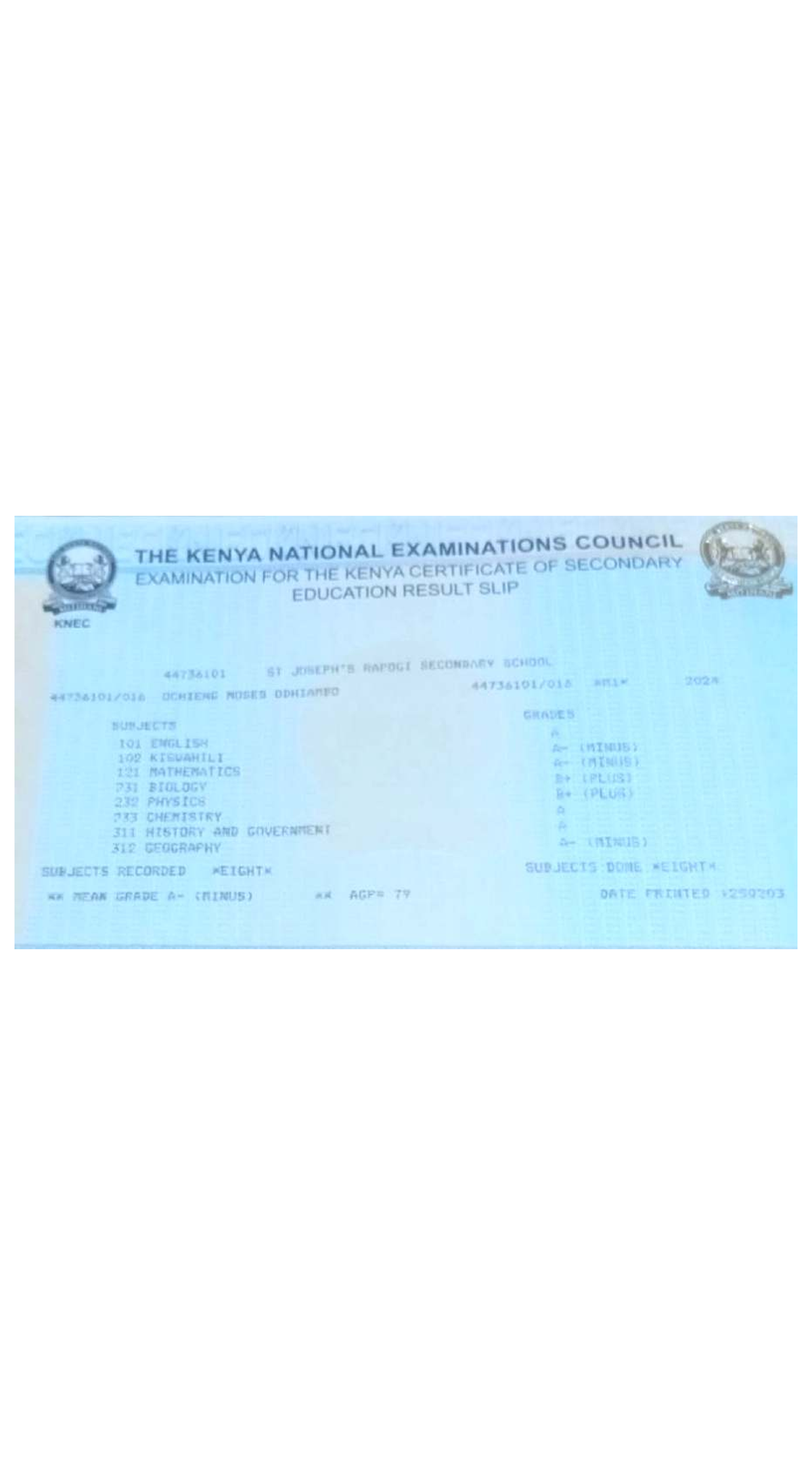 KNEC 2024 KCSE Result Slip for Ochieng Moses Odhiamed - Studocu