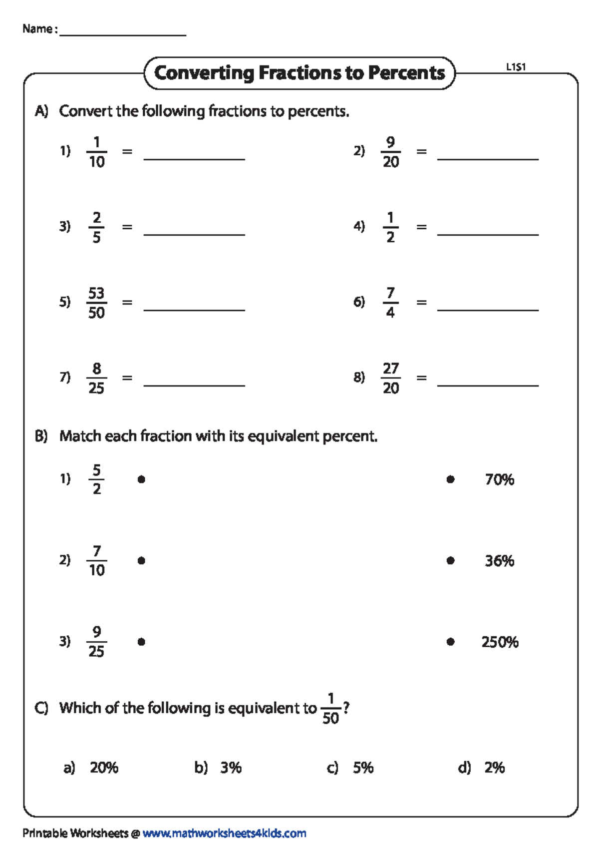 Converting Fractions to Percents L1S1 - Printable Worksheets - Studocu
