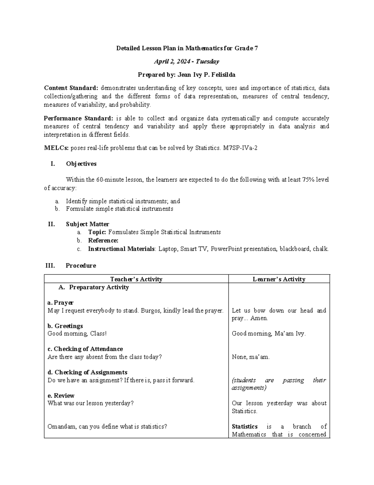 Grade 7 - Lesson Plan on Simple Statistical Instruments - Studocu