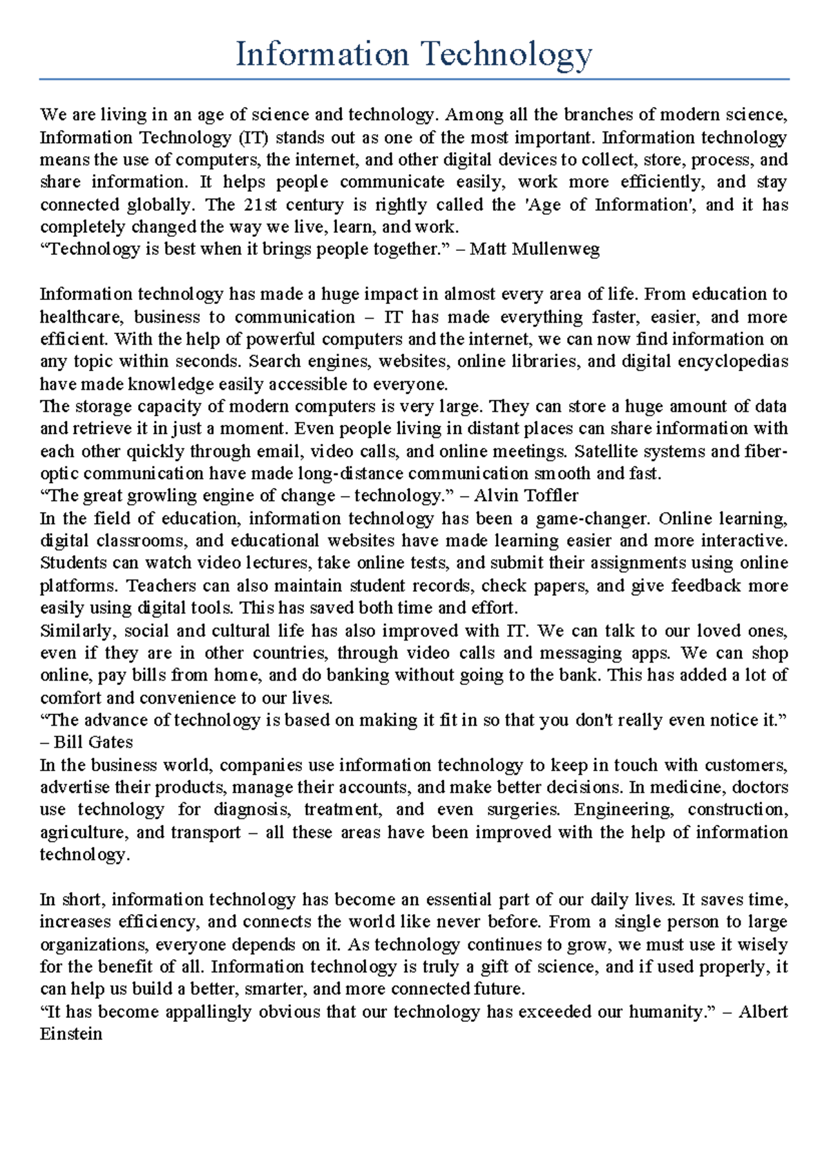 Information Technology Essay: The Impact on Modern Life - Studocu