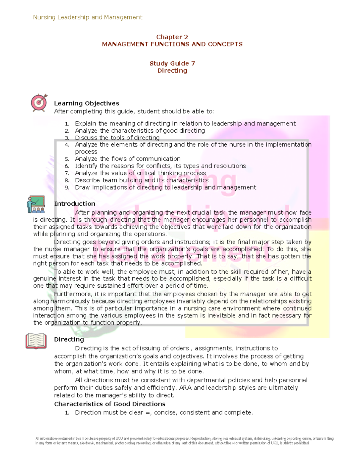 Study Guide 7 Directing - Chapter 2 MANAGEMENT FUNCTIONS AND CONCEPTS Study Guide 7 Directing ...