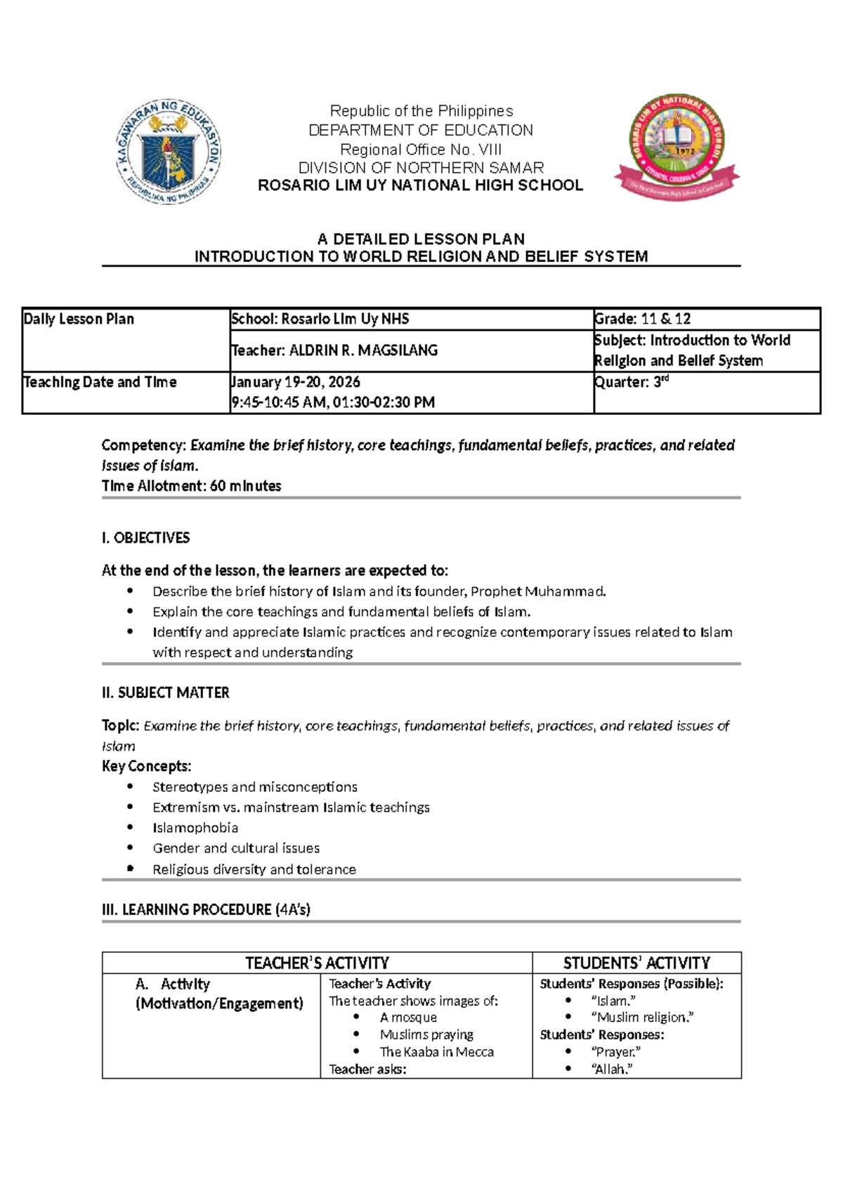 Detailed Lesson Plan: Intro to World Religion & Belief System (Grade 11 ...