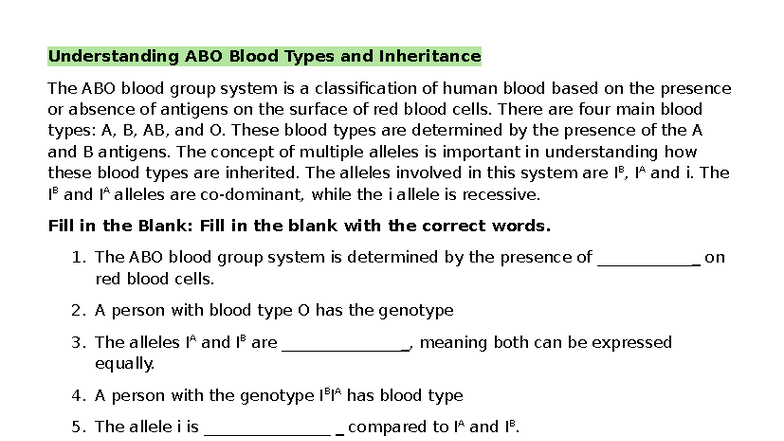 Understanding ABO Blood Types & Inheritance - BIO 101 Study Guide - Studocu