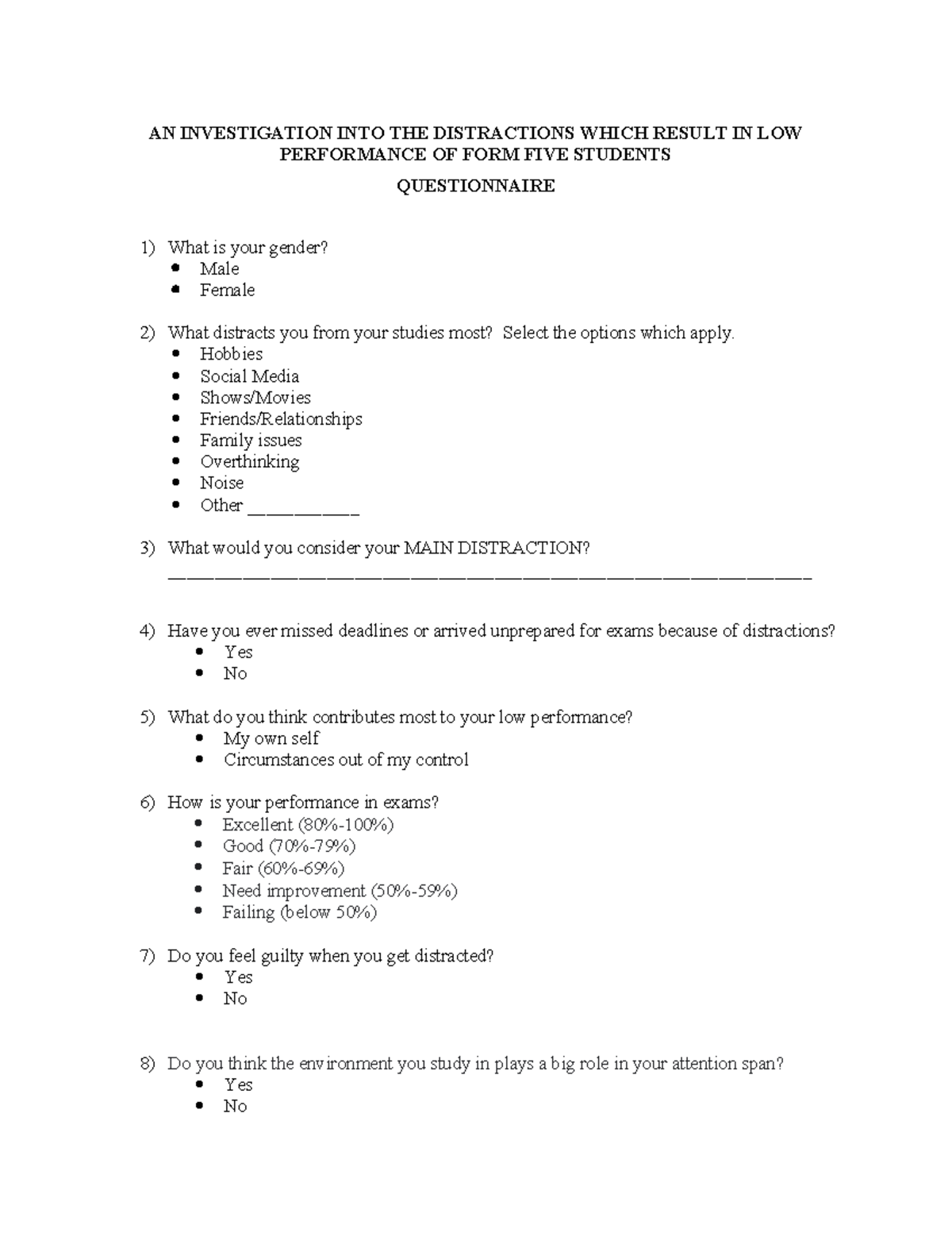 Investigation of Distractions Affecting Form Five Students' Performance ...