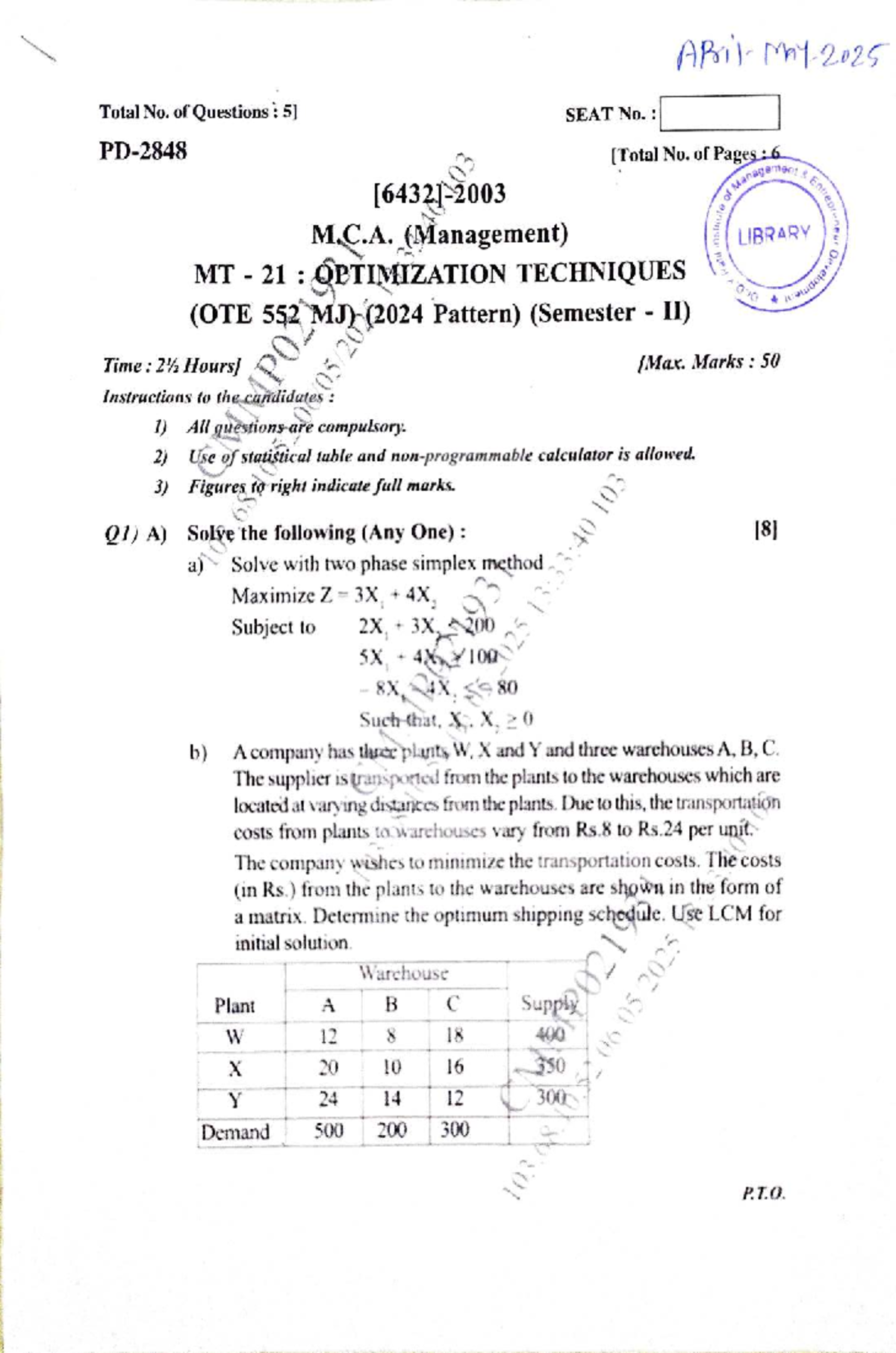 M.T. 21: Optimization Techniques - MCA 552 OTE April-May 2025 Exam ...