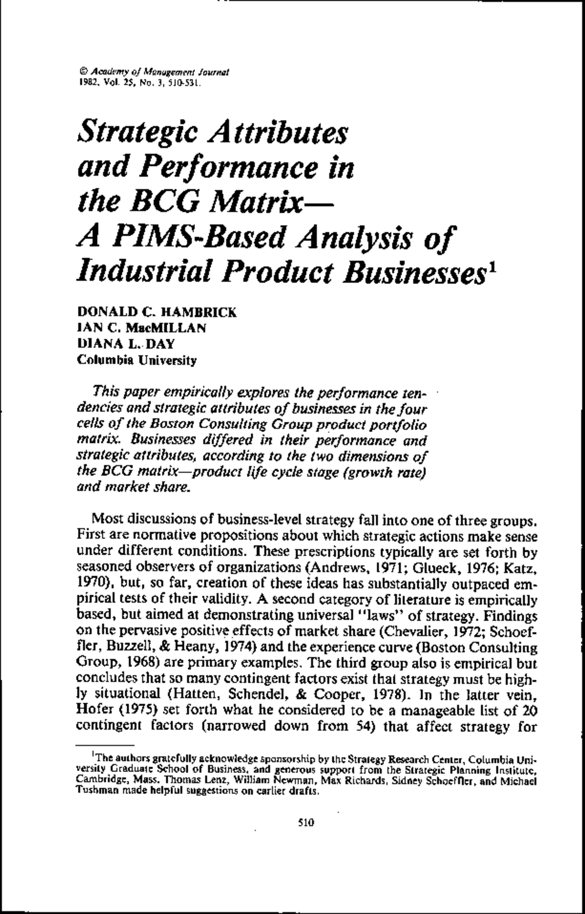 Strategic Attributes and Performance Analysis in BCG Matrix (AMJ 1982 ...