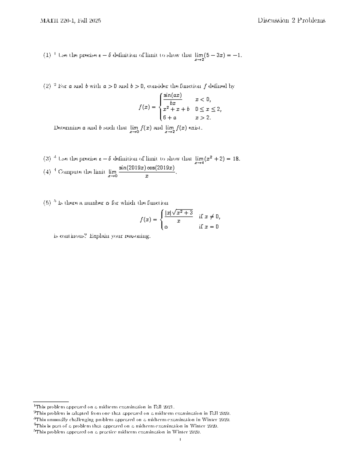Math 220-1 Discussion 2 Problems: Limits and Continuity Fall 2025 - Studocu