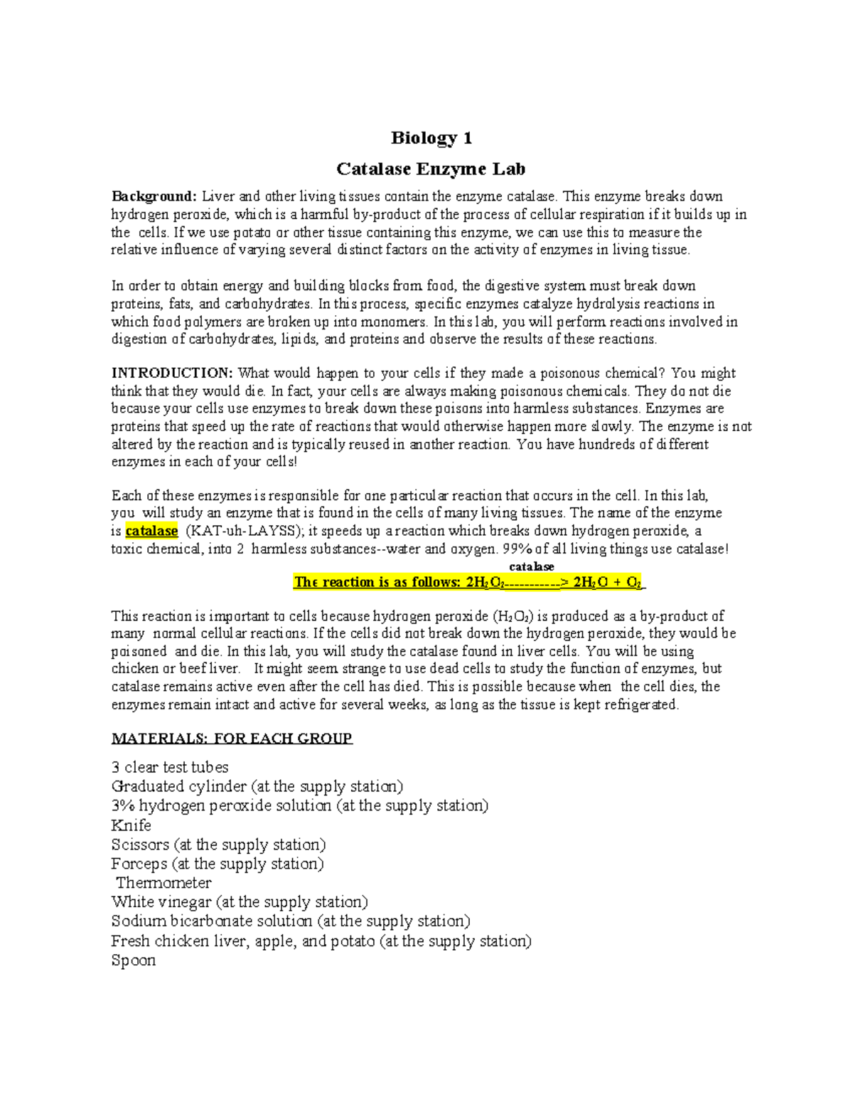 Biology 1: Catalase Enzyme Lab Insights and Reactions - Studocu
