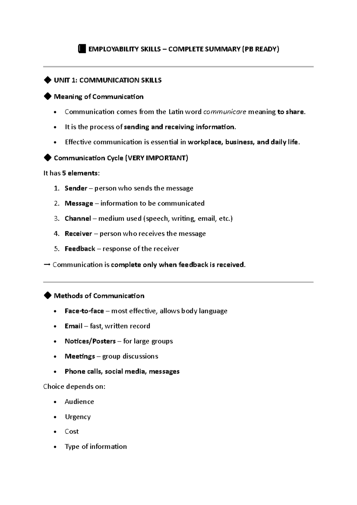 Employability Skills Summary (PB READY) - Unit 1: Communication Skills ...