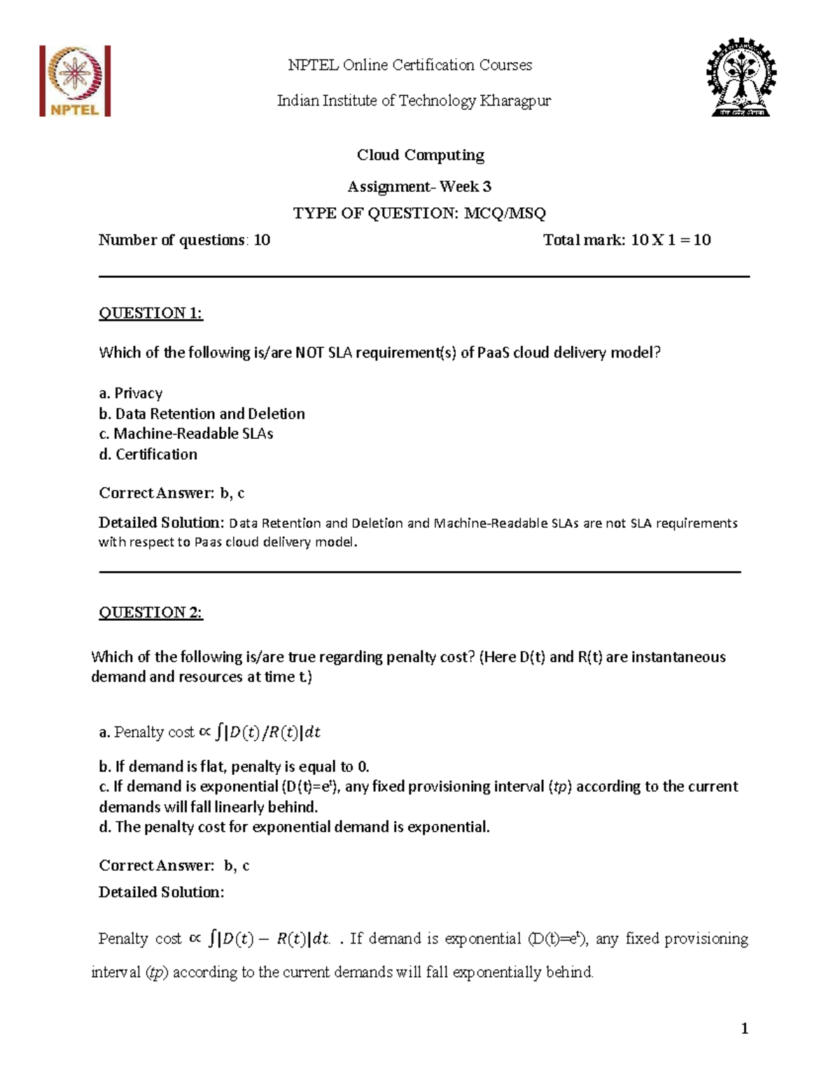 NPTEL CC Assignment 3 - Cloud Computing MCQ Answers and Solutions - Studocu
