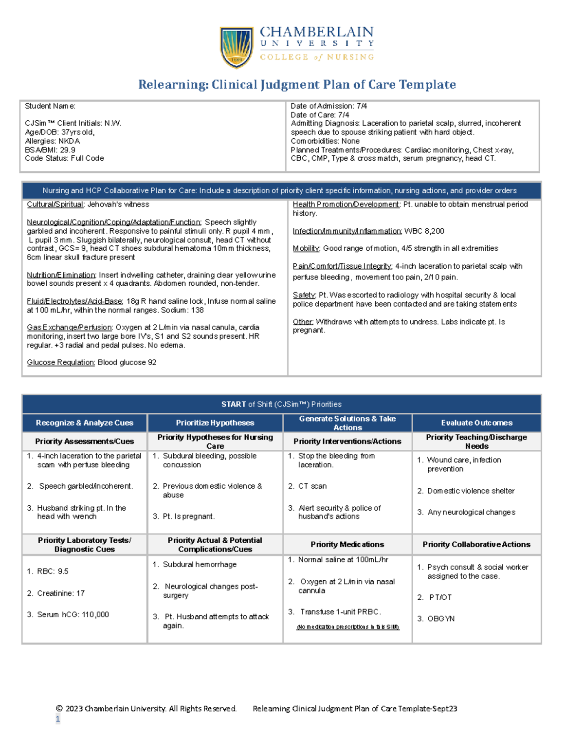 CJE Plan of Care Template - Week 8 Clinical Judgement Analysis - Studocu
